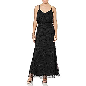 Adrianna Papell Women's Long Beaded Blouson Gown, Black, 16