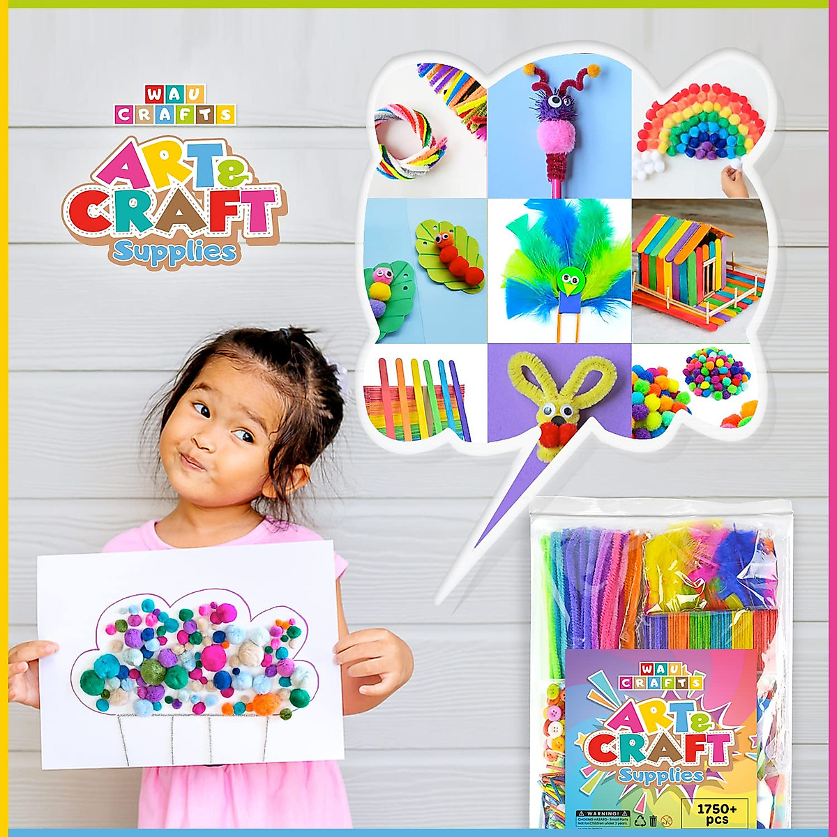 WAU CRAFTS Arts and Crafts Supplies for Kids - 1750 pcs Crafting for School Kindergarten Homeschool - Supplies Set for Kids Craft Art - Supply Kit for Toddlers and Kids Age 2 3 4 5 6 7 8 9