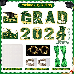 Graduation Party Decorations Green Gold Grad 2024 Porch Sign Door Banner with LED Light Class of 2024 Congrats Grad Banner Congratulation Party Hanging Sign for High School Graduation Party Decor
