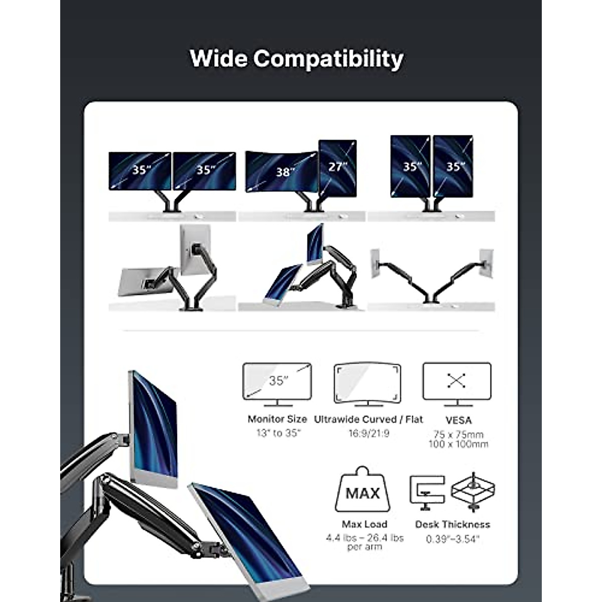 HUANUO Dual Monitor Stand for 13 to 35 inch, Premium Dual Monitor Mount with USB, Height Adjustable Monitor Stands for 2 Monitors VESA Bracket with Clamp/Grommet Base, Each Arm Hold up to 26.4lbs