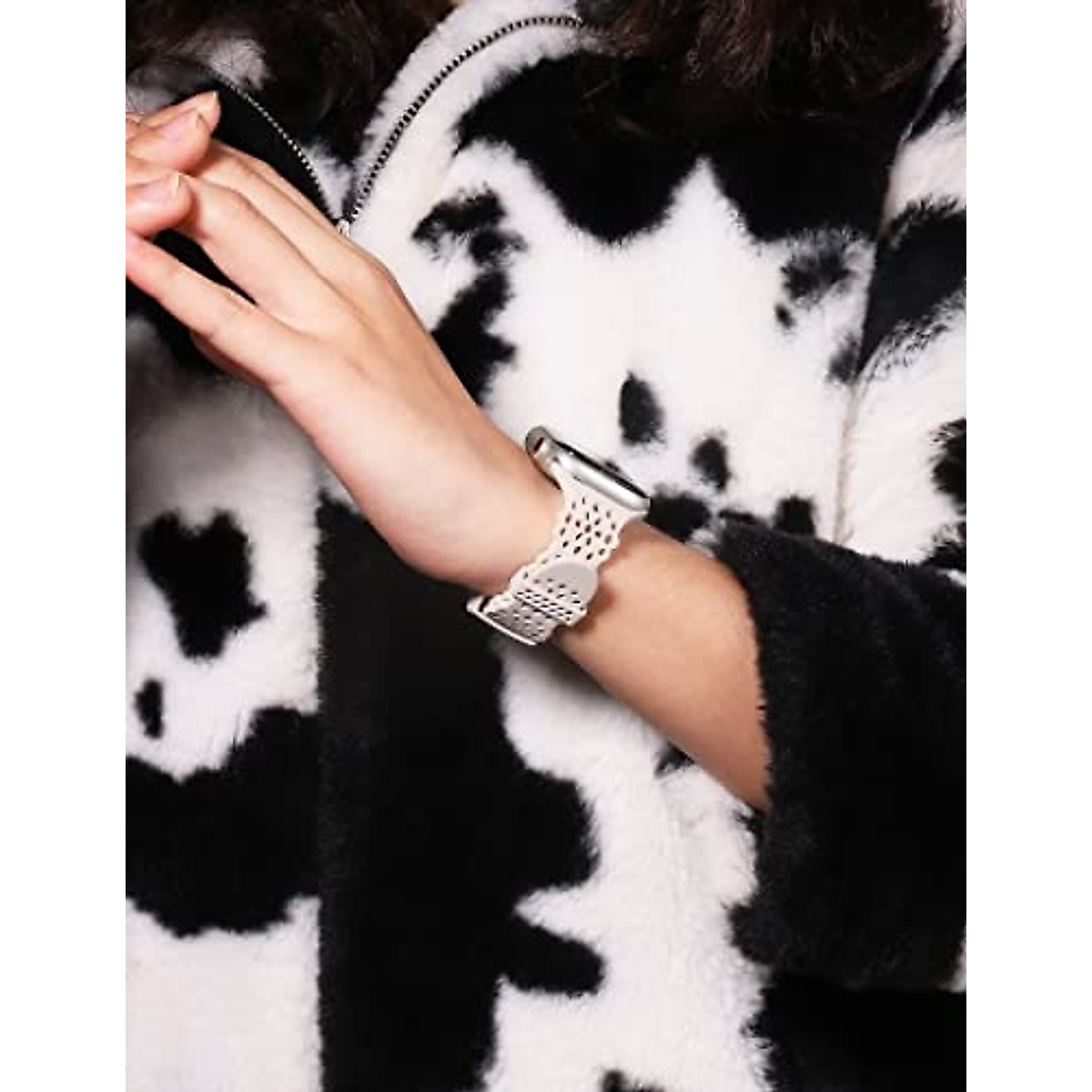 TOYOUTHS Compatible with Apple Watch Band Lace Women Flower Cut-outs Stretchy Silicone Breathable Waterproof Strap for iWatch Series 9/8/7(41mm), Series SE/6/5/4(40mm), Series 3/2/1(38mm), Starlight