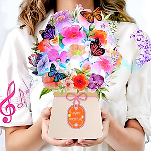 Yinqing Birthday Cards, Light and Music Happy Birthday Card, Lily and Butterflies, 10 Inch Life Sized Forever Flower Bouquet 3D Pop Up Birthday Gift Card for Women Wife Mom Daughter Sister