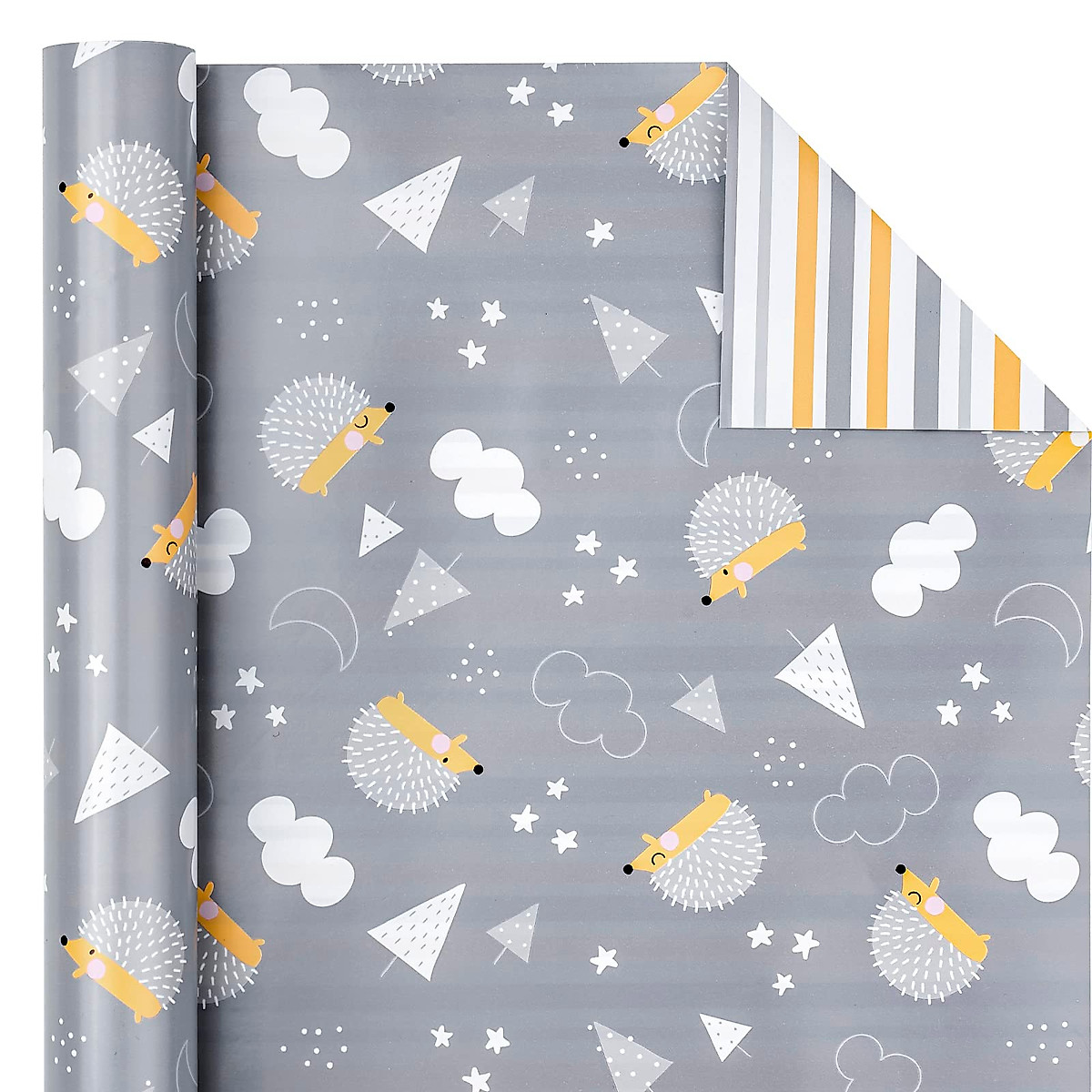 WRAPAHOLIC Reversible Baby Shower Wrapping Paper - Mini Roll - 17 Inch X 33 Feet - Cute Hedgehogs and Stripes Design for Birthday, Holiday, Party