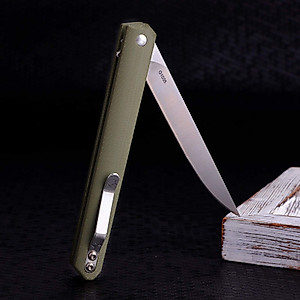 Samior G1035 Small Slim Folding Pocket Flipper Knife, 3.5 inch D2 Drop Point Blade, Army Green G10 Handle with Liner Lock Pocket Clip, Gentleman's EDC Knives 1.3oz