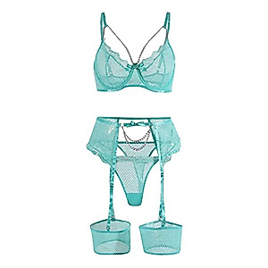 See Through Fishnet Garter Set Lingerie for Women for Sex Naughty Sexy Chain Strappy Eyelash Lace Underwire Bra and Panty Mint Green