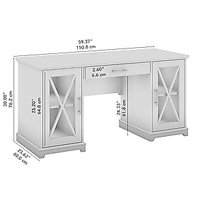 Bush Furniture Lennox Farmhouse Desk with Storage and Keyboard Tray | Computer Table for Home Office Workspace, 60W, Linen White Oak