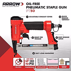 Arrow PT50 Oil-Free Pneumatic Staple Gun, Professional Heavy-Duty Stapler for Wood, Upholstery, Carpet, Wire Fencing, Fits 1/4”, 5/16”, 3/8", 1/2", 9/16” Staples , Red