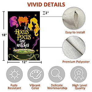 Witch Garden flag for Halloween Burlap House Yard Flag 12x18 Inch Funny Garden Decoration Double Sided Halloween Sign Decoration Outdoor Outside (It's Hocus Pocus Time Witches)