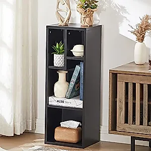 VECELO 3-Tier Small Bookcase, 4 Cube Bookshelf with Height Difference Shelves for Most Books, Modern Floor Standing Unit, Each Shelf Hold Up to 66 LBS for Living Room Bedroom, Vintage Black