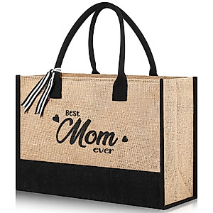 Cunno Mother's Day Mom Tote Bag 16.5 x 11.8 x 6.7 Inch Beach Bag Gifts for Mother Tote Bags for Mother Best Mom Ever Gifts Mom Bags (Jute)