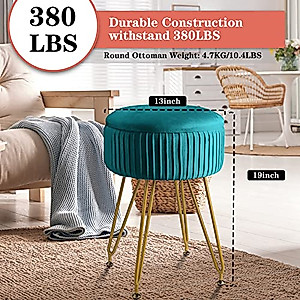 ECOMEX Velvet Round Storage Ottoman with Metal Legs, Removable Tray Cover, Upholstered Pleated Round Ottoman with Storage Round Footstool Makeup Vanity Stool for Home Living Room Bedroom, Teal
