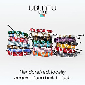 Ubuntu Life Love Beaded Leather Bracelet – Handmade Glass Bead Bracelet with Slide Closure and Genuine Leather, Stackable Boho Bracelets for Women and Men (Red/White, 1 Pack)