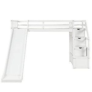 Merax Twin Size Loft Bed Frames with Silde, Staircase and Safety Guardrails No Box Spring Needed for Teens, Boys or Girls, White