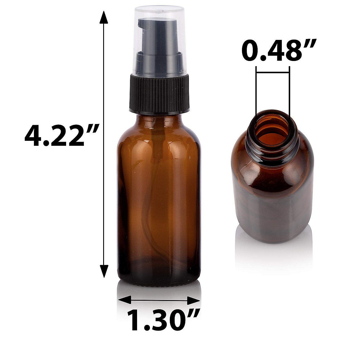 JUVITUS 1 oz / 30 ml Amber Glass Boston Round Bottle with Black Treatment Pump (12 pack) + Funnel Refillable Empty Storage Containers