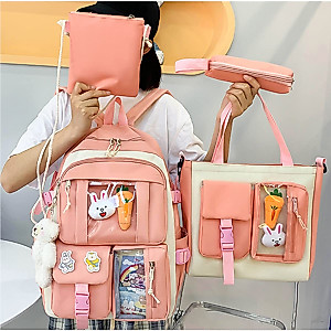 Nature Porter Kawaii Backpack 5Pcs Set with Kawaii Pendants and Pins Accessories Aesthetic Backpack Cute Laptop Backpack Travel Bag
