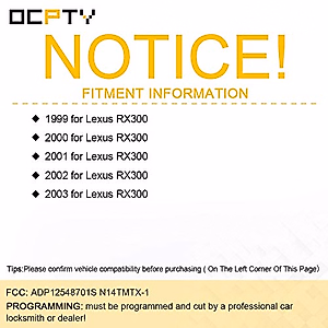 OCPTY 1X Uncut Keyless Entry Remote Control Key Fob Transmitter Replacement for 1999-2003 for Lexus RX300 ADP12548701S N14TMTX-1