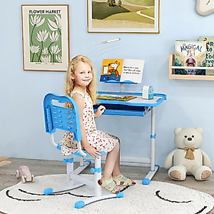 Qaba Kids Desk and Chair Set, Height Adjustable School Desk Chair Set with Tilt Desktop, USB Light, Storage Drawer for Study, Activities, Arts, or Crafts, Blue and White