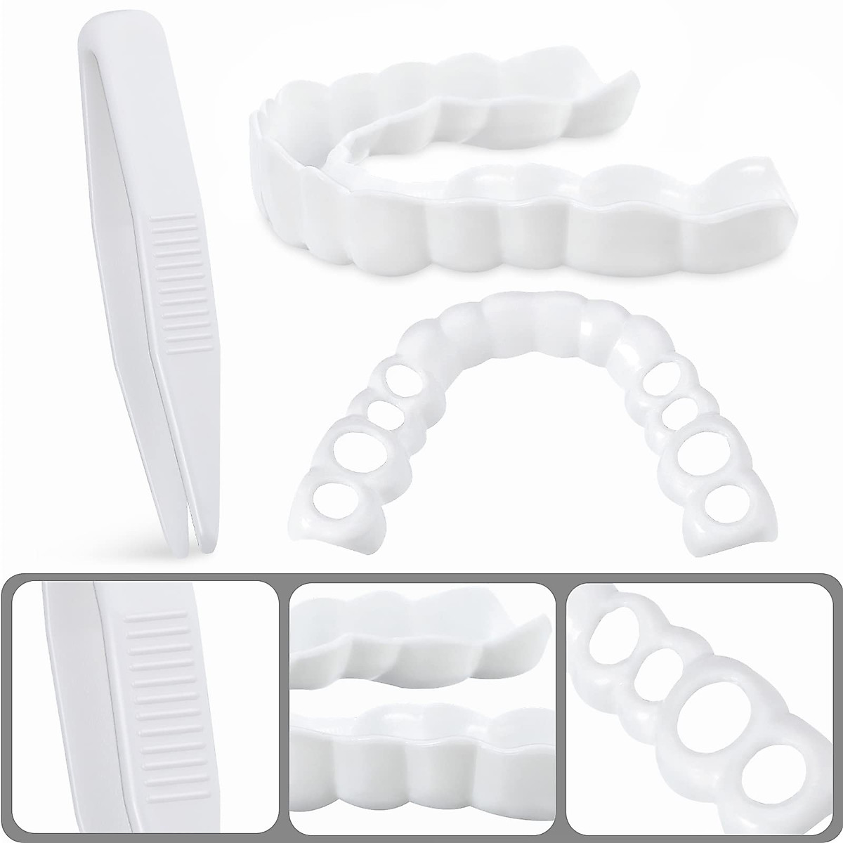 Teeth Veneers 2 Pieces Dental Veneers Fake Teeth Veneers Magic Teeth Brace Fake Top Teeth Customizable Temporary Fake Teeth White Instant Veneers Dentures with Mini Tweezer for Bad Teeth Whitening
