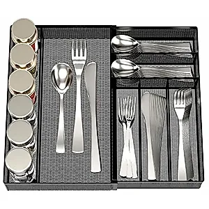 JANE EYRE Sturdy Utensil Drawer Organizer, Cutlery Tray, Silverware/Flatware Storage Divider for Kitchen, Mesh Designing with Non-slip Rubber Feet (Black)