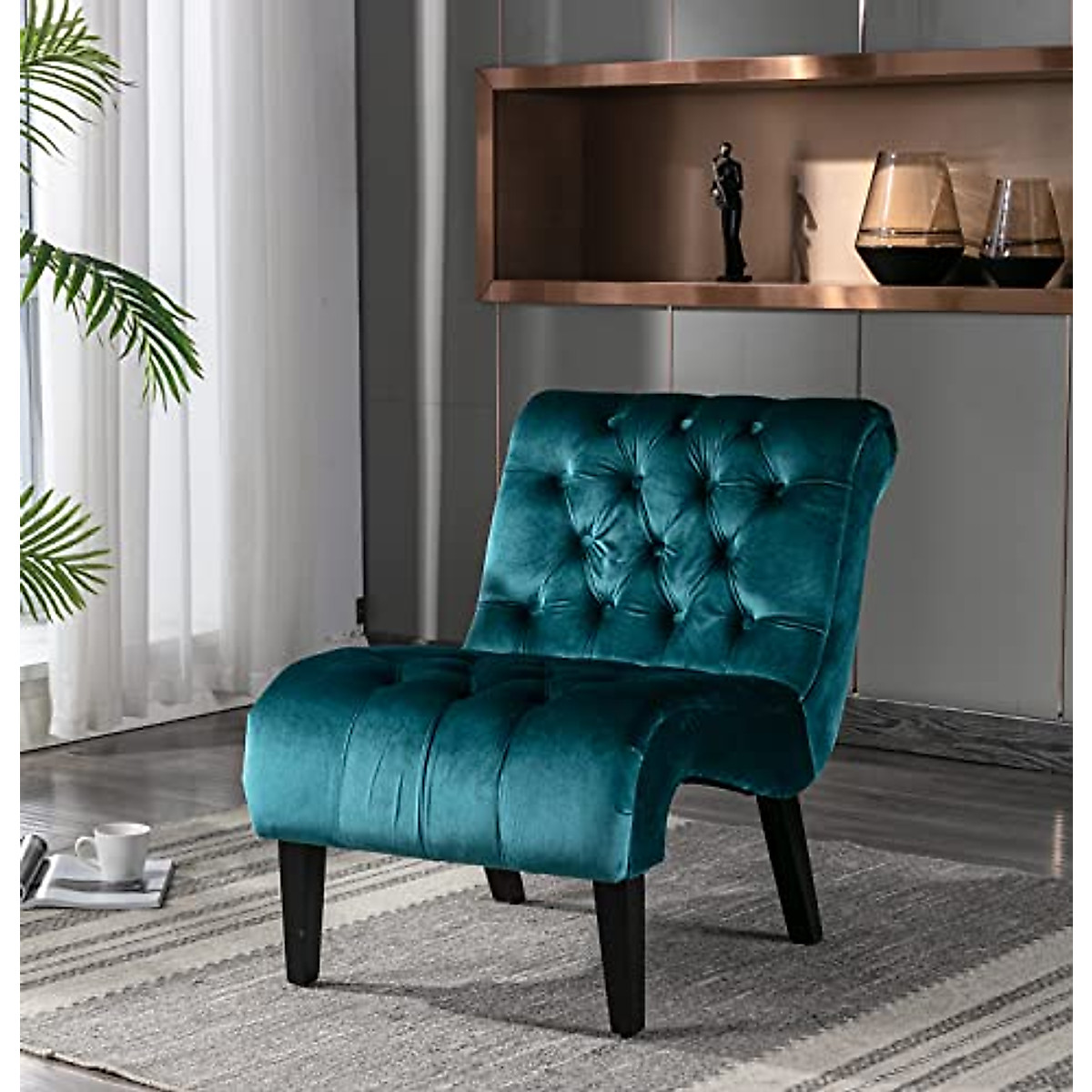 SmartDer Comfy Velvet Accent Chair, Upholstered Armless Side Chair for Living Room, Modern Lounge Chair with Tufted Back and Rolled Edge Design, Comfy Reading Chair with Solid Rubber Wooden Legs,Teal
