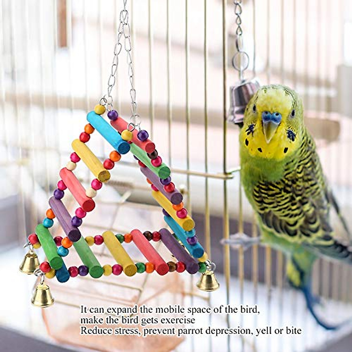 Parrot Swing Toys, Triangle Climbing Ladders Hanging Bell Toy Colorful Wood Beads Bird Perch for Parakeet Cockatiel Macaw African Grey Cockatoo Lovebird Finch