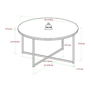 Walker Edison Cora Modern Round Faux Marble Top Coffee Table with X Base, 36 Inch, Walnut and Gold