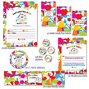Amanda Creation Deluxe Art Party Paint Splatter Birthday Party Bundle Includes 20 Invitations & Thank You Cards with Envelopes + 3 Different Sizes of Stickers & Water Bottle Labels!