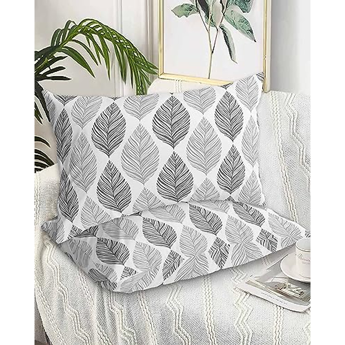 Edwiinsa Grey Leaves Pillow Covers King Standard Set of 2 20x36 Bed Pillow, Gray Summer Tropical Plant Aesthetics Plush Soft Comfort for Hair/Skin Cooling Pillowcases with Envelop Closure