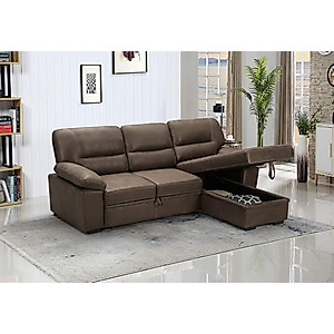 Lilola Home Kipling 99" W Saddle Brown Microfiber Reversible Sleeper Sectional Sofa Chaise