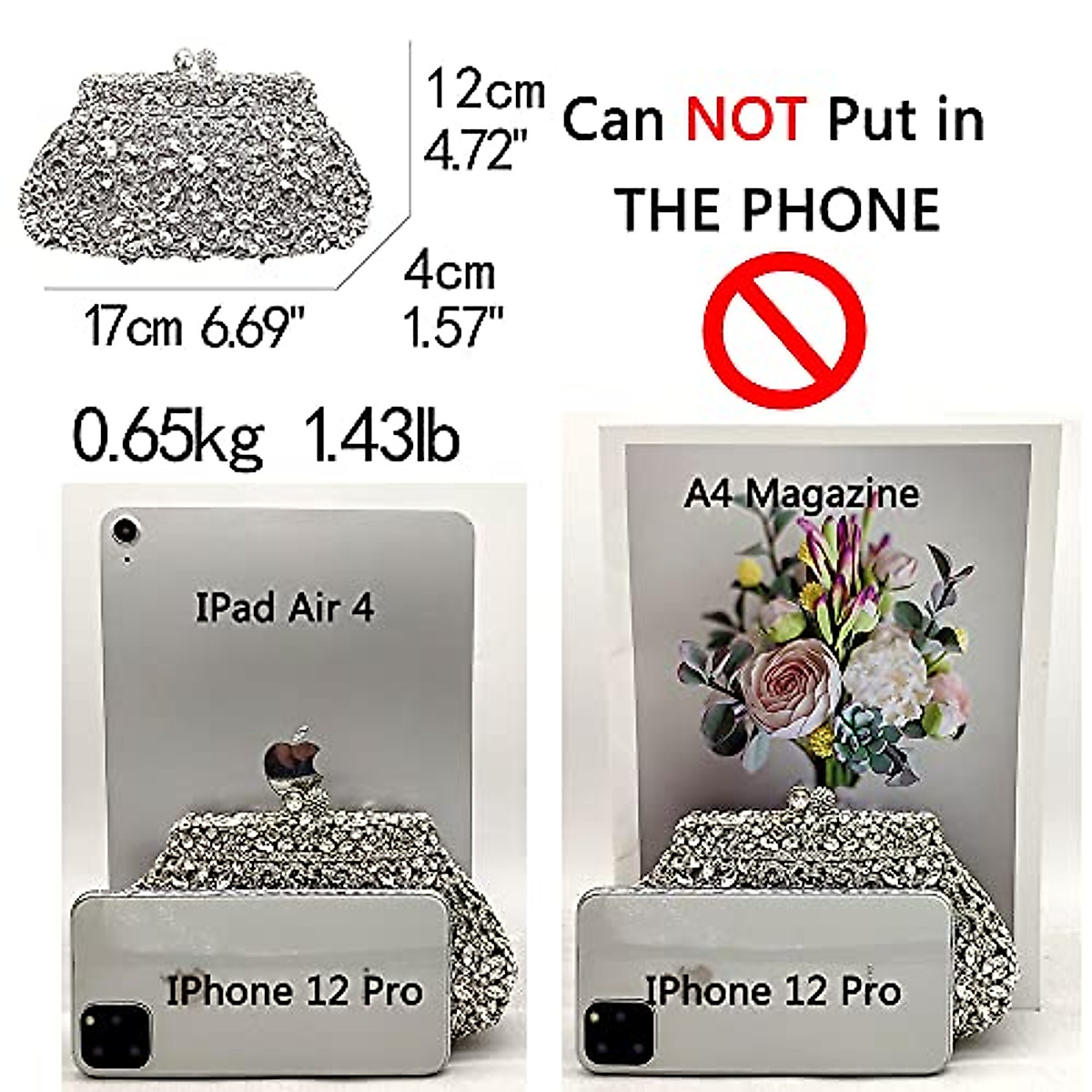 Boutique De FGG Women Silver Crown Minaudiere Evening Bags Flower Crystal Clutch Purses Wedding Clutch