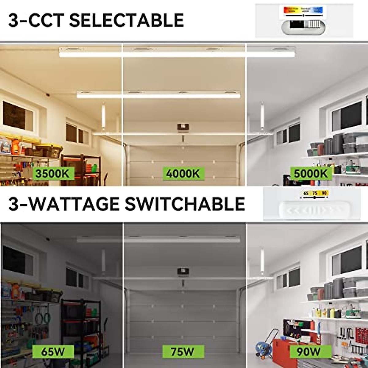 hykolity 8FT LED Shop Light, 65/75/90W LED Strip Light, [6-lamp F32T8 Fluorescent Equiv.] 3500K/4000K/5000K CCT Selectable, 130lm/W Commercial Grade LED Strip Light Fixture for Warehouse -2 Pack