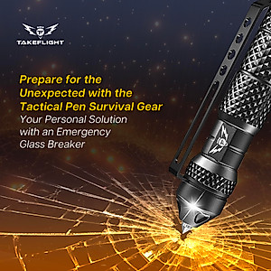 TF TAKEFLIGHT Tactical Pen Multitool, Diamond Thread Grip, Strong Rugged Aircraft Grade Aluminum EDC Survival Gear, Pocket Military Style Writing Glass Breaker for Men, Ideal Gift for Dad, Black…