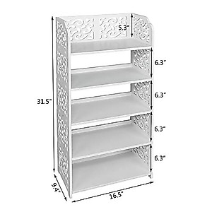 LeeMas White Wood Plastic Shoe Cabinet Carved Shoe Rack White Chic Hollow Shoe Tower Baroque Free Standing Shoes Storage Organizer Closet Shelves Holder Container (16.54 x 9.45 x 31.5), 5 Tiers