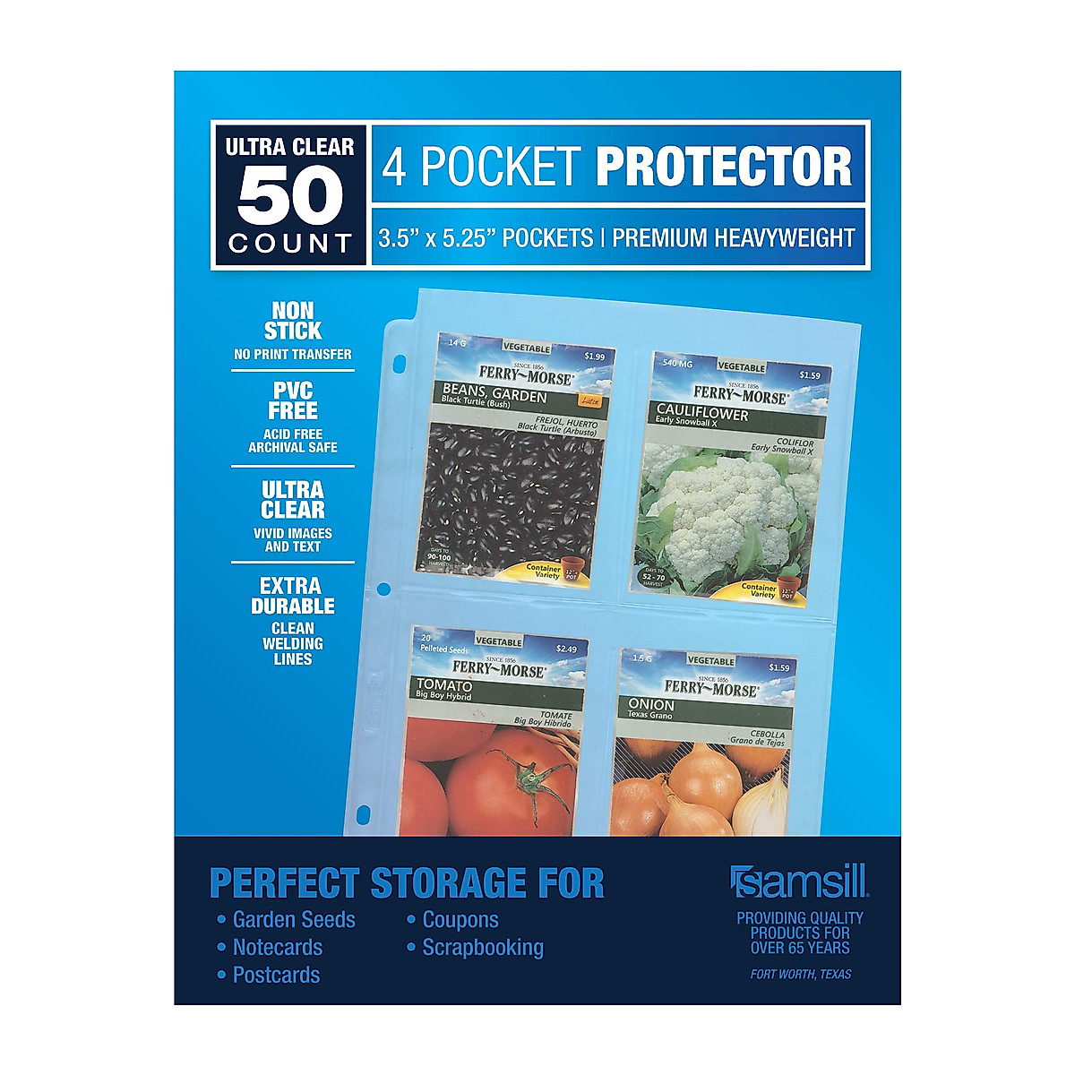 Samsill 50 Pack 4 Pocket Garden Seeds Storage Clear Sheet Protectors, Card Protectors, Each Pocket Measures 3.5" x 5.25", Fits in Standard 3 Ring Binder