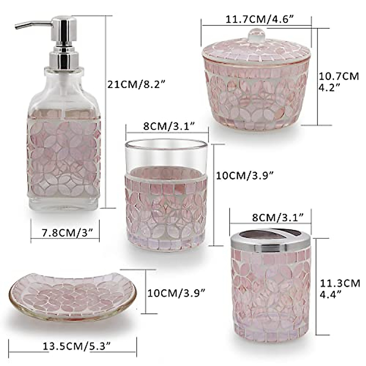 LushAccents Bathroom Accessories Set, 5-Piece Decorative Glass Bathroom Accessories Set, Soap Dispenser, Vanity Tray, Jar, Toothbrush Holder, Tumbler, Elegant Rose Gold Mosaic Glass