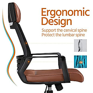 Yaheetech Executive Office Chair, Ergonomic High Back Leather/Mesh Desk Chair with Headrest and Lumbar Support, Swivel Chairs on Wheels/Castors for Home Office, Brown