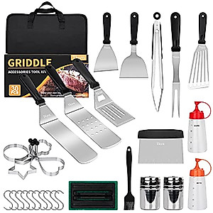 Tksrn Griddle Accessories Kit, 30 Pcs Flat Top Grill Tools Set for Blackstone and Camping Cooking Chef, BBQ Grill Accessories with Metal Burger Spatulas Scraper, Egg Rings, Carry Bag