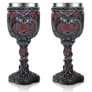 Jinei 2 Pcs Medieval Dragon Wine Goblet Valentines Dragons Wine Chalice 7 oz Resin Dragon Cup Gothic Wine Glass Romantic Stainless Steel Drinking Cup for Wedding Girlfriend Wife Presents(Classic)