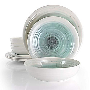 Elama Lightweight Dinnerware Set, 12 Piece, White and Light Blue