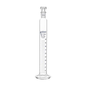 EISCO Graduated Cylinder, 100mL - Class B - 19/26 Polypropylene Stopper - Round Base, Blue Graduations - Borosilicate Glass