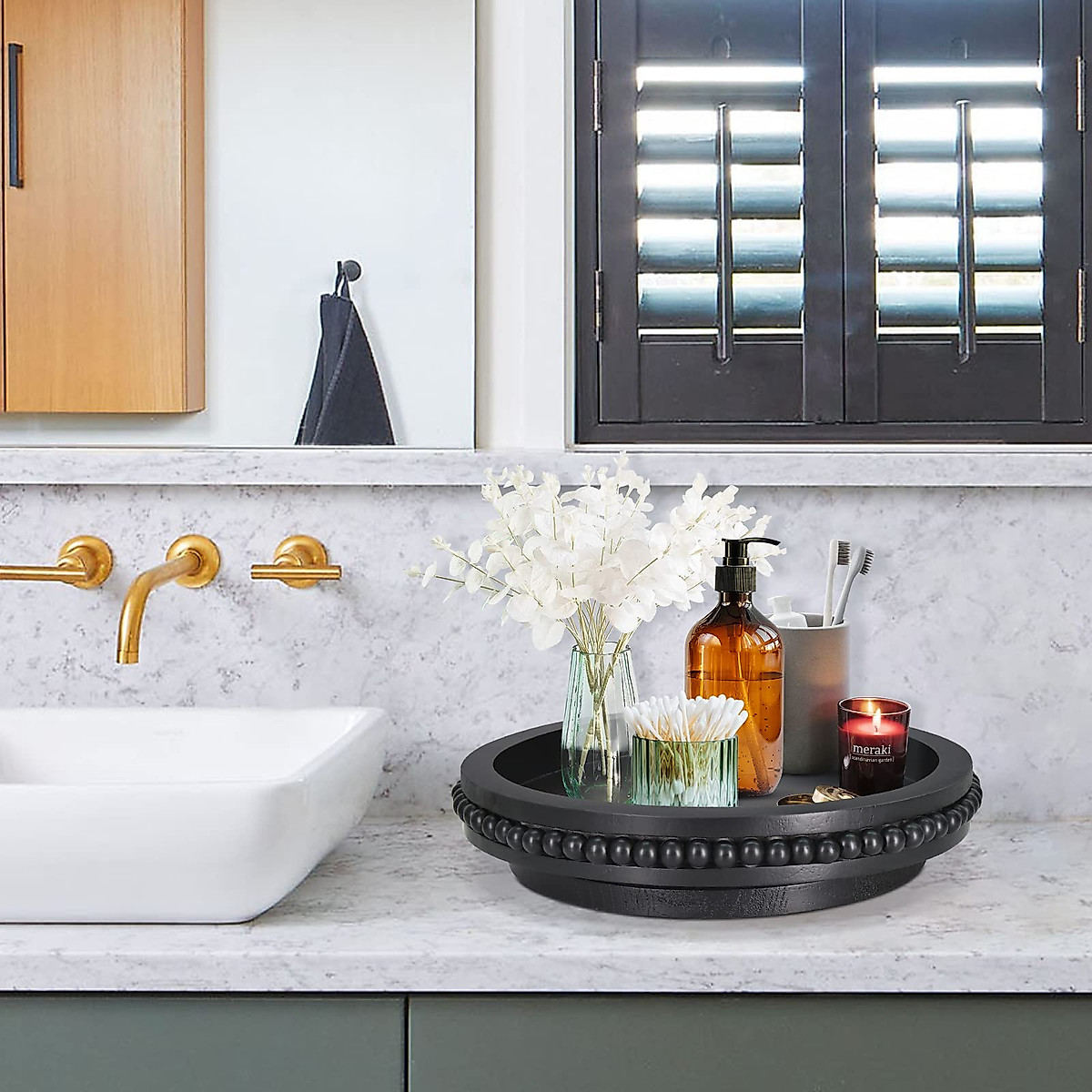 Farmhouse Lazy Susan Organizer with Beads, Wooden Lasy Susan Turntable for Cabinet, 360 Degrees Rotating Display Stand, Decorative Lazy Susan for Table, Wooden Tray Riser with Beads for Spice Rack