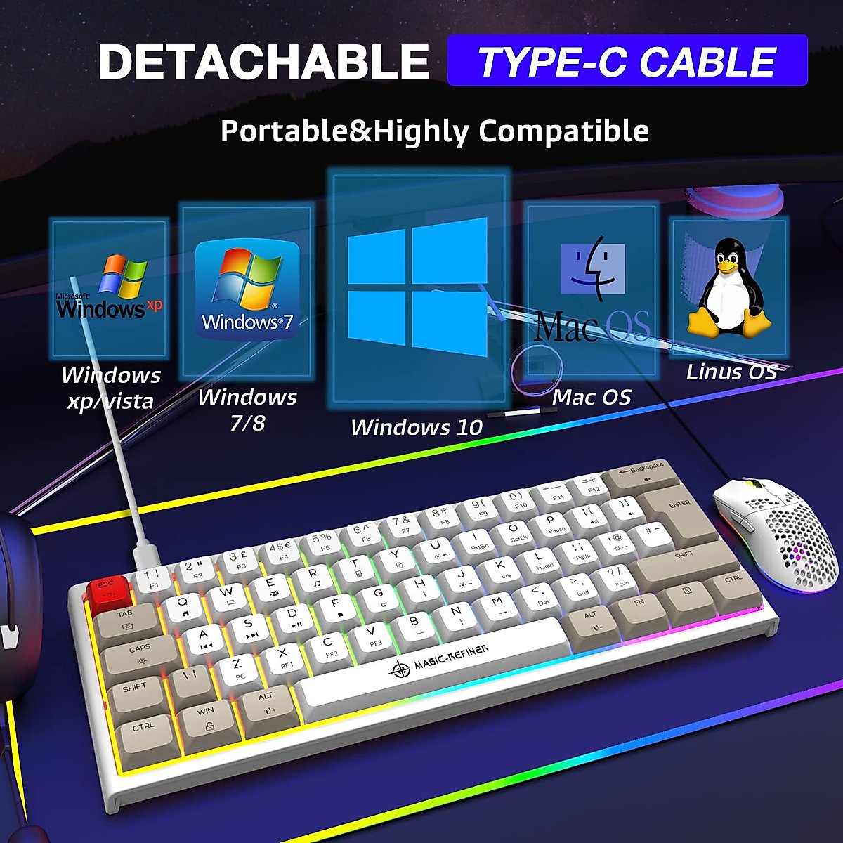 MAGIC-REFINER 60% Gaming Keyboard and Mouse Combo,PBT Dye Sublimation Keycap,Wired Ergonomic Mechanical Keyboard+RGB Lightweight Honeycomb Mouse,12000 DPI Optical Sensor for PC/Mac (White/Red Switch)