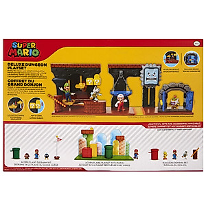 SUPER MARIO World of Nintendo Super Mario Dungeon Deluxe Play Set,Includes: 2.5” Fire Mario Figure&7 Interactive Environmentpiece Moving Platforms & Thwomp,Spinning Fire Balls,Hidden Coin,Swing&Door