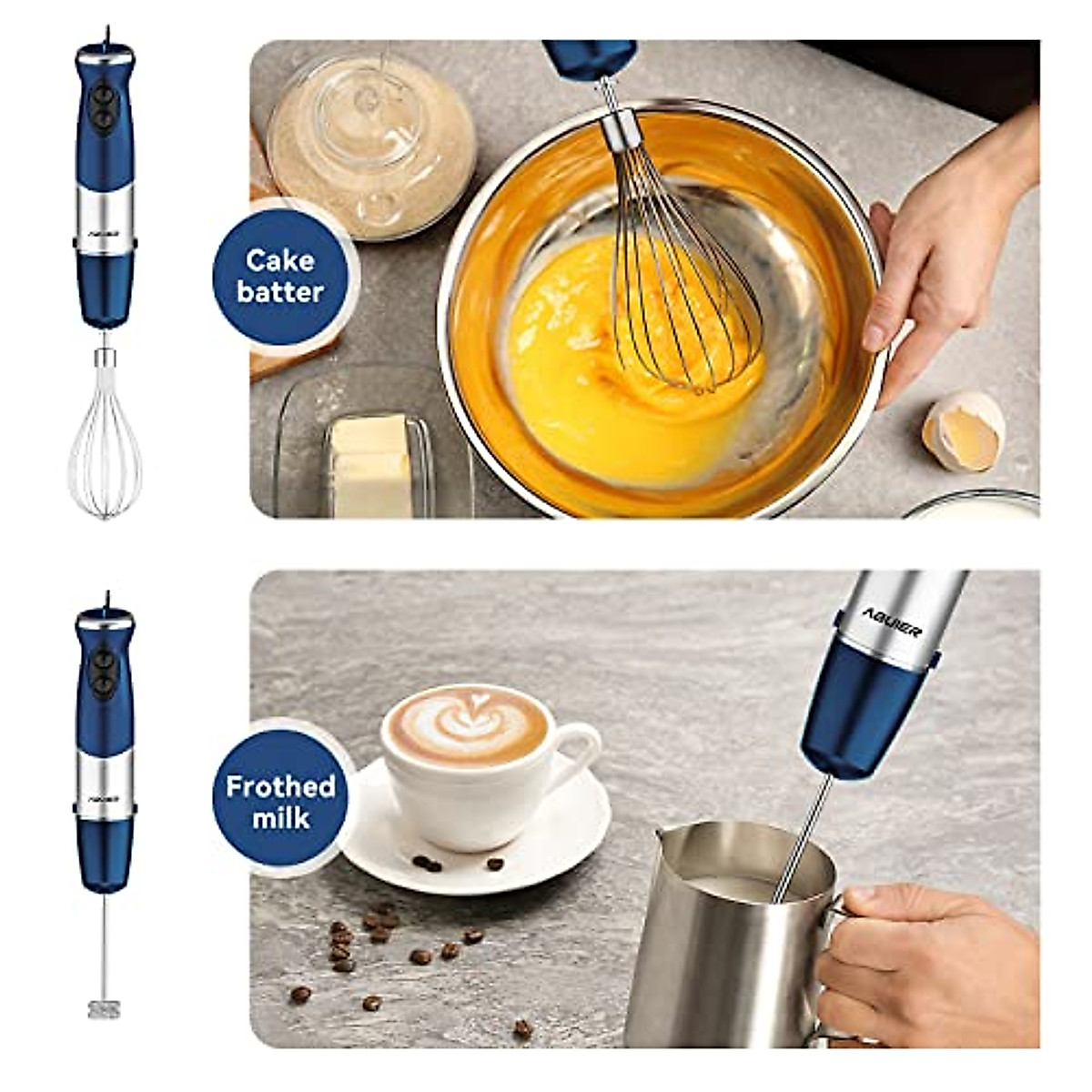 Immersion Blender Hand Blender, Abuler 800W Hand Mixer Stick, 5-in-1, 12 Speed BPA-Free Stick Blender 304 Stainless Steel, Chopper, Whisk, Milk Frother, Beaker, Smoothies, Milkshake, Purée Baby Food, Sauce, Dips, Mayo