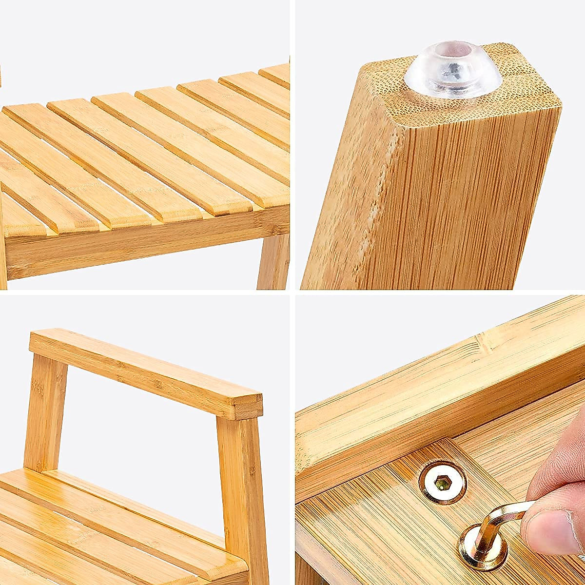 OasisCraft Bamboo Shower Bench, 22" Shower Chair with Free Soap Dish, Waterproof Wood Spa Bath Seat with Arms Wooden Bathroom Stool Shower Seat for Indoor Outdoor