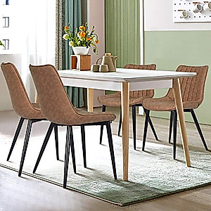 HOMHUM 4 PCS Faux Leather Dining Chairs, Mid Century Modern Leisure Upholstered Chair with Metal Legs for Kitchen Living Room Brown