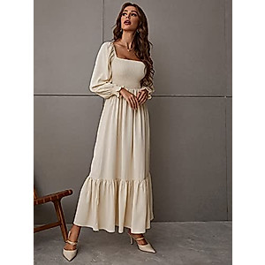 WDIRARA Women's Square Neck Flounce Shirred Ruffle Hem Elegant Long Sleeve Maxi Dress Apricot L