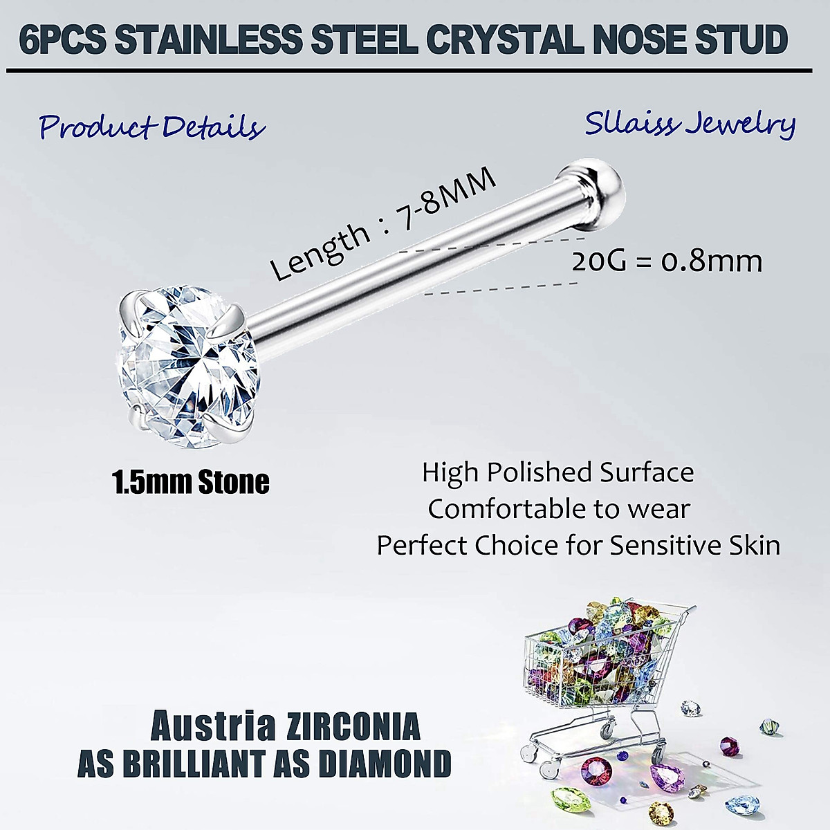 Sllaiss 6Pcs 20G Sets with Austria Zirconia Nose Ring Studs 316L Stainless Steel Hypoallergenic 1.5mm 2mm Nose Piercing Set Body Jewelry