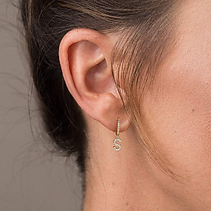 Initial Huggie Hoop Earrings for Women, 925 Sterling Silver Post 14K Gold Plated Cubic Zirconia Letter M Initial Dangle Hoop Earrings Dainty Cute Hypoallergenic Earrings for Women