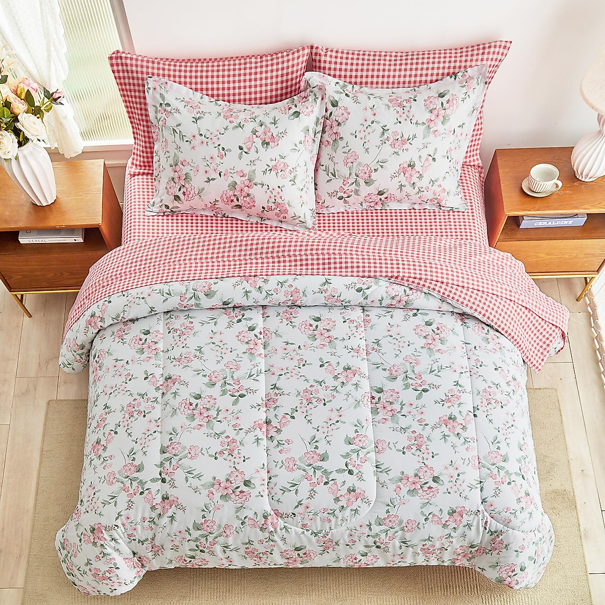 UOZZI BEDDING Bed in a Bag All Season Soft Microfiber Reversible Bed Comforter Set (1 Comforter 2 Pillow Shams 1 Flat Sheet 1 Fitted Sheet 2 Pillowcases) (Flowers 1, Queen-7 Pieces)